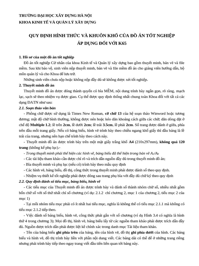 Quy định hình thức và khuôn khổ của ĐATN K65 | PDF