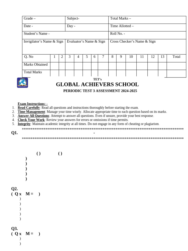 QP format for Grade 1, 2 & 3 | PDF