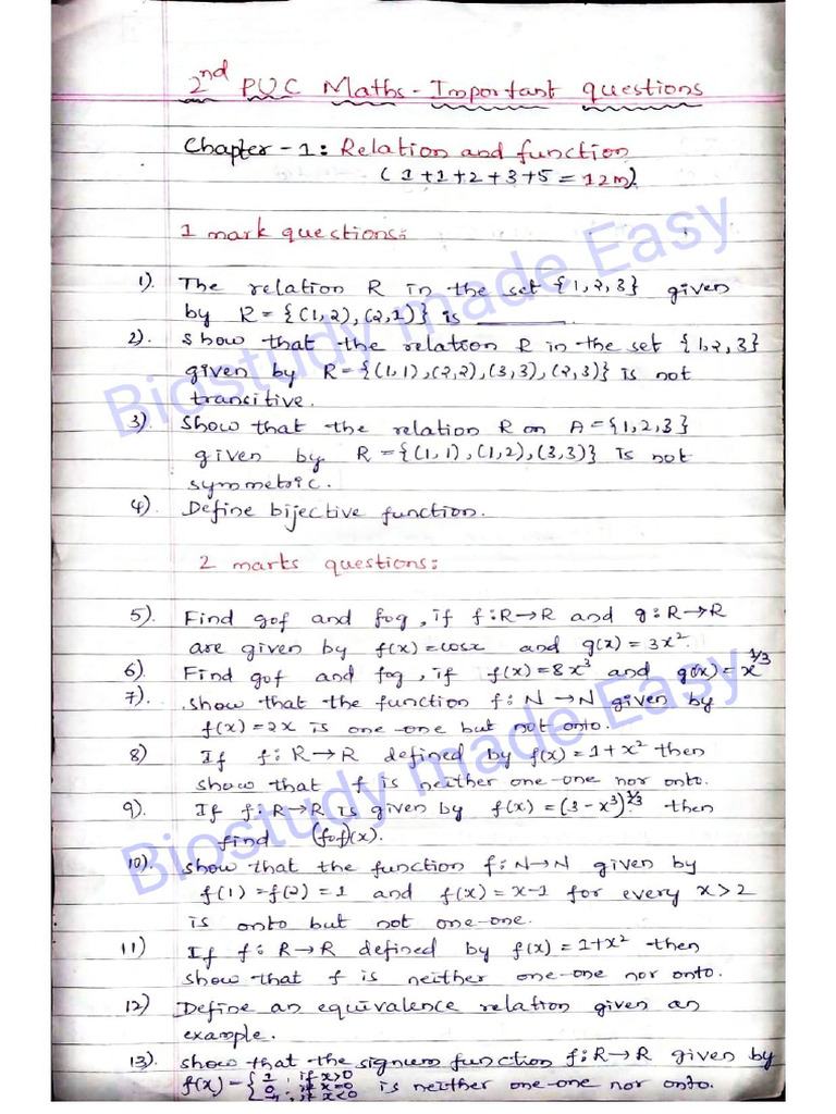 2PU Maths Important From All Chapters | PDF