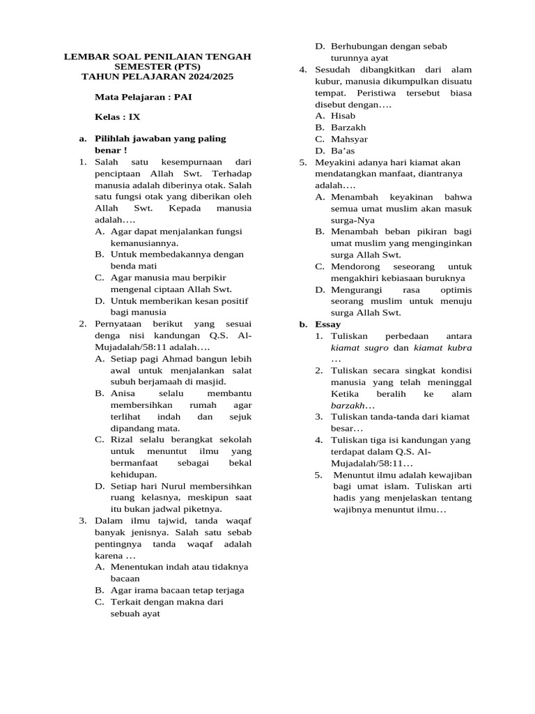 Soal PTS PAI Kelas VII-IX 2024/2025 | PDF