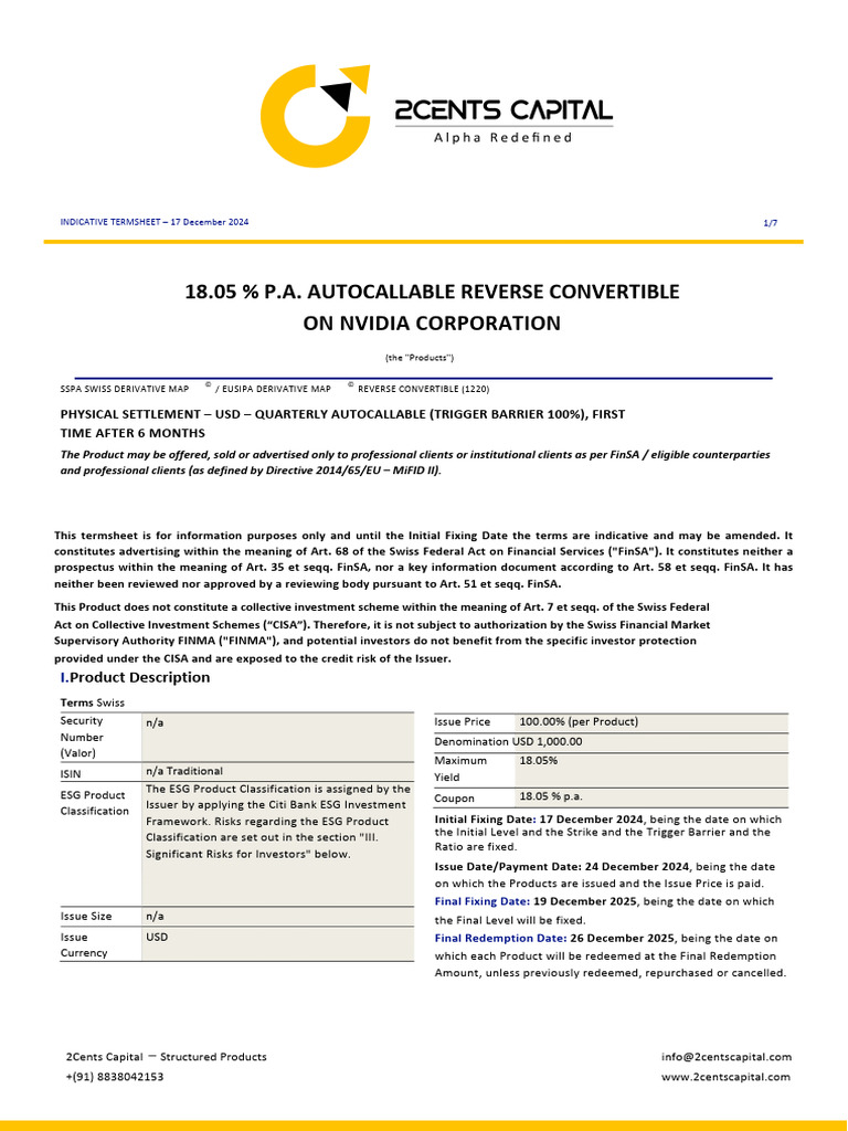 Autocallable Reverse Convertible On Nvidia Corporation PDF | PDF ...