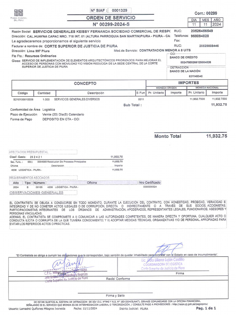 Orden de Servicio N°00299-2024-S | PDF