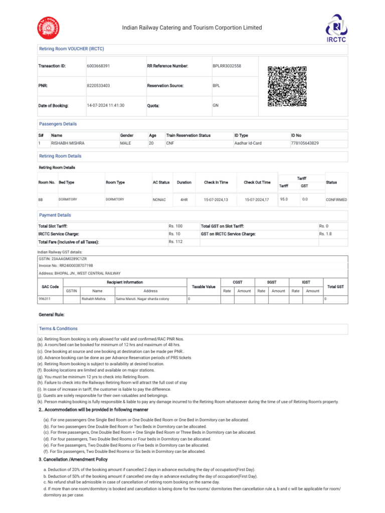 IRCTC Retiring Room Booking Details | PDF | Dormitory | Taxation