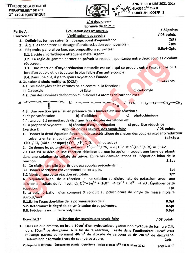 Chimie 1ereCD Probatoire Blanc College Retraite Avril 2022 | PDF