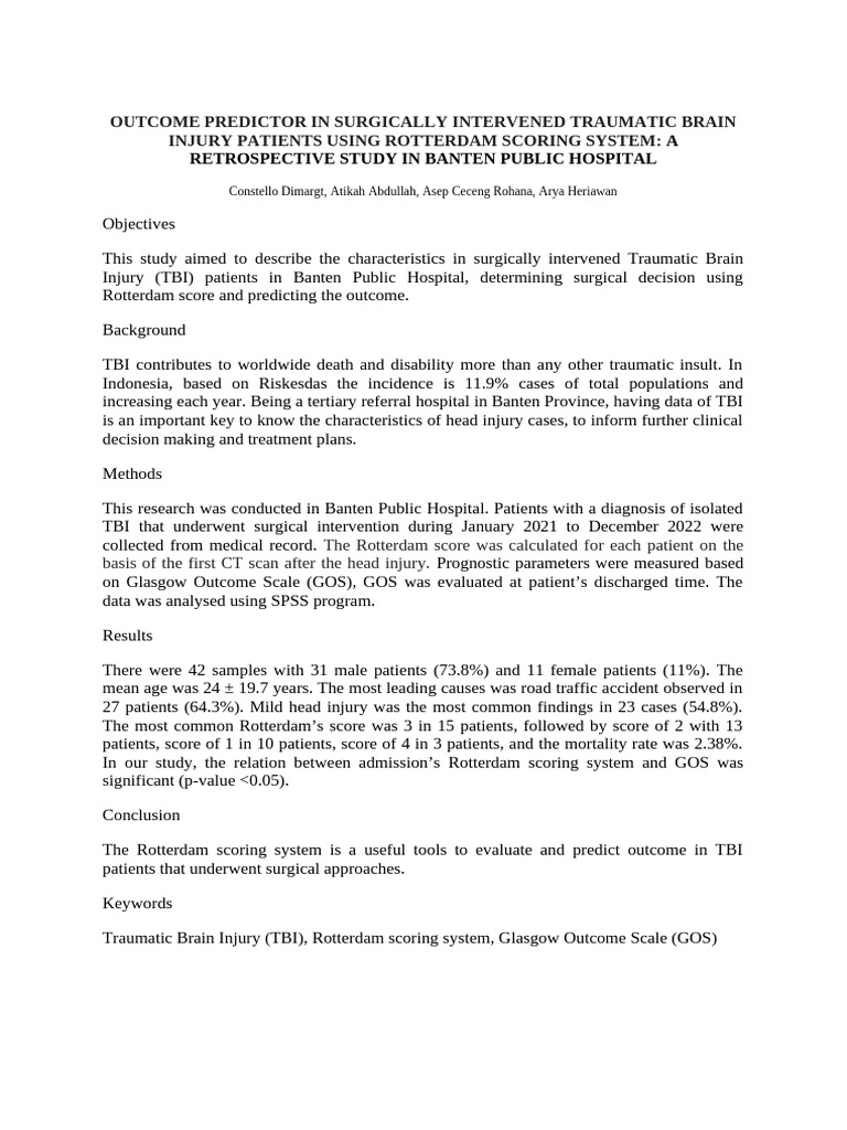 Outcome Predictor in Surgically Intervened Traumatic Brain Injury ...