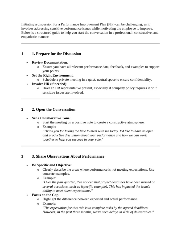 Initiating a discussion for a Performance Improvement Plan | PDF | Goal ...