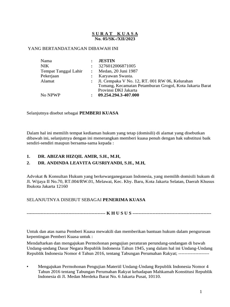 SURAT KUASA PERADILAN SEMU ACARA MK (KELOMPOK A) | PDF