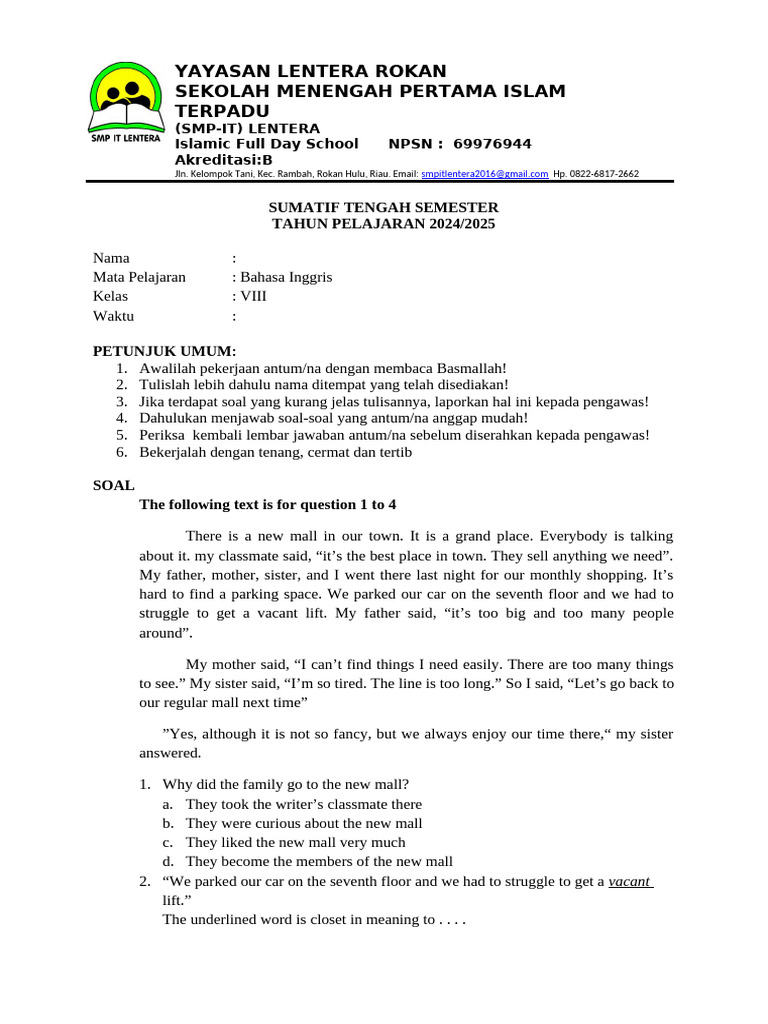 Kelas 8 Soal Sts B. Iinggris | PDF