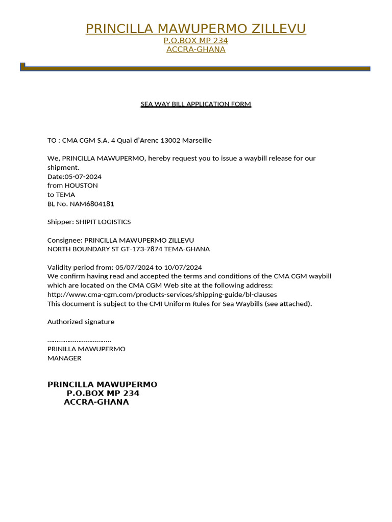 Sea Waybill Application for Shipment | PDF
