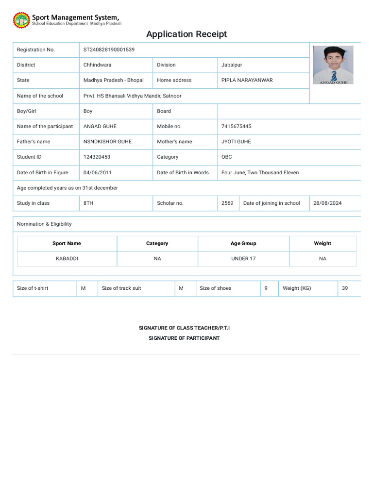 Kabaddi Registration for Angad Guhe | PDF
