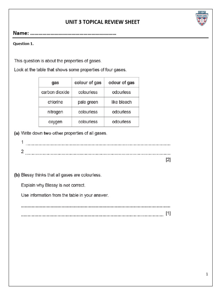 UNIT 3 TOPICAL REVIEW SHEET MODEL ANSWER | PDF | Water | Liquids