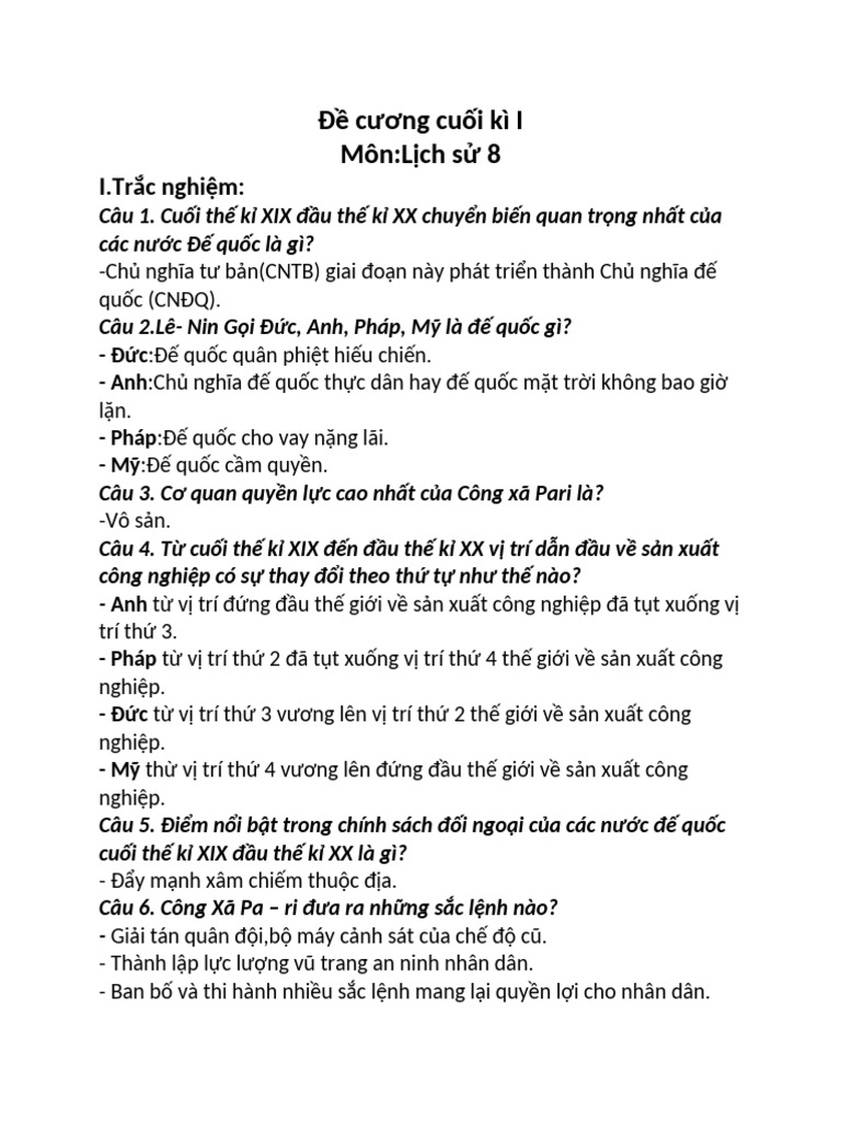 Đề cương cuối kì I sử 8 xong | PDF