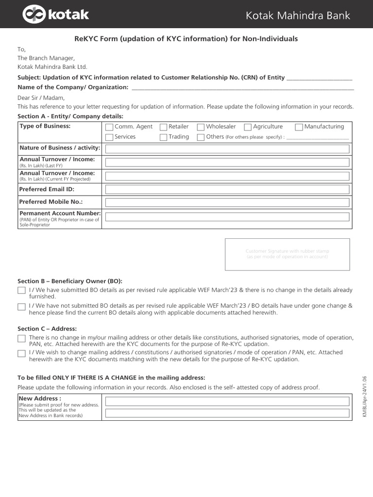 IndusInd Non-Individual ReKYC Form | PDF | Sole Proprietorship ...