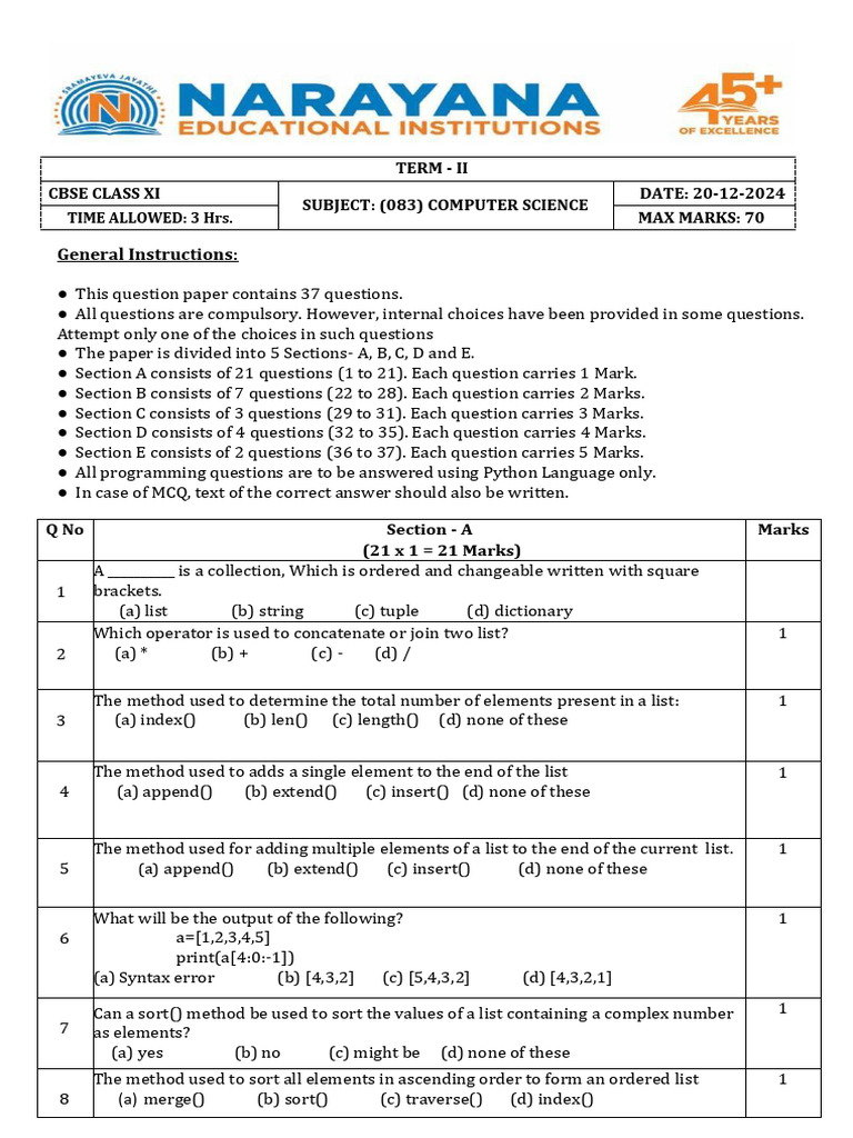(Cbse - Board) - Inc-Jr-Cbse - Term Ii CS - QP - 20-12-2024 | PDF | Computer Programming ...