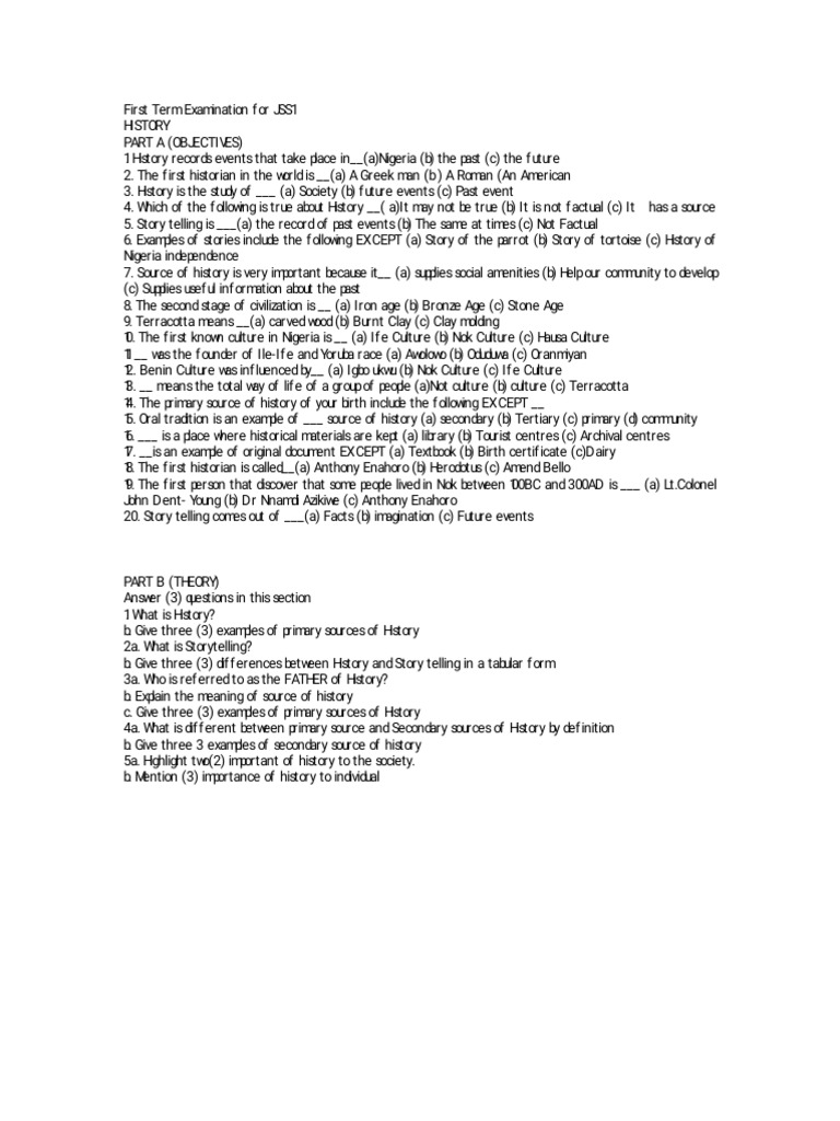 First Term Exam For JSS1 History | PDF