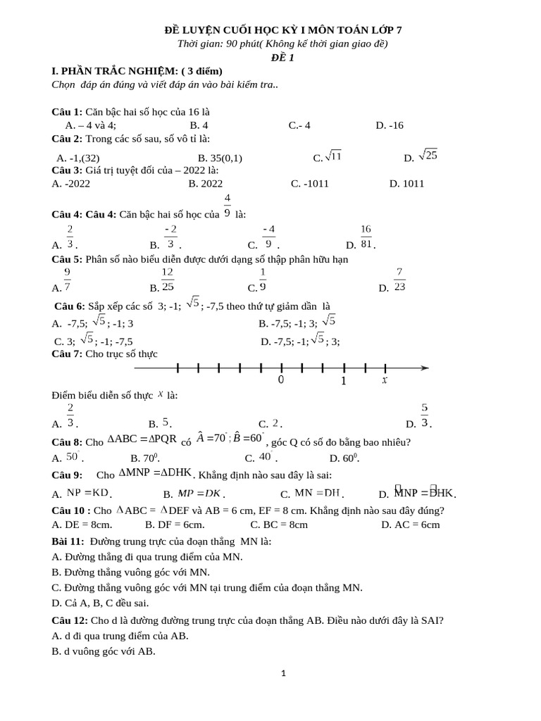 Bộ đề luyện CK1 Toán 7 | PDF
