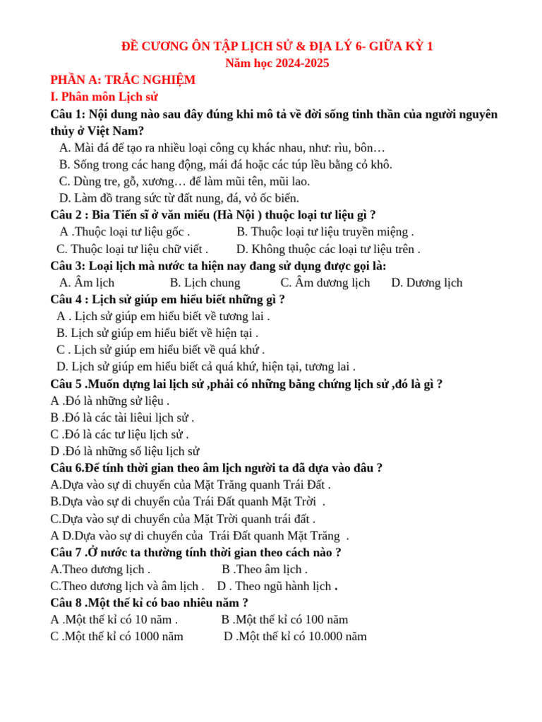 ĐỀ CƯƠNG ÔN TẬP LS-ĐL 6- GK 1 | PDF