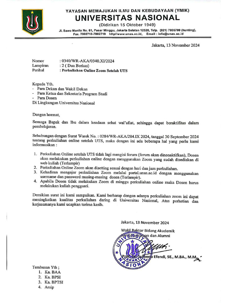 Surat 0340 Perkuliahan Online Zoom Setelah UTS.. | PDF