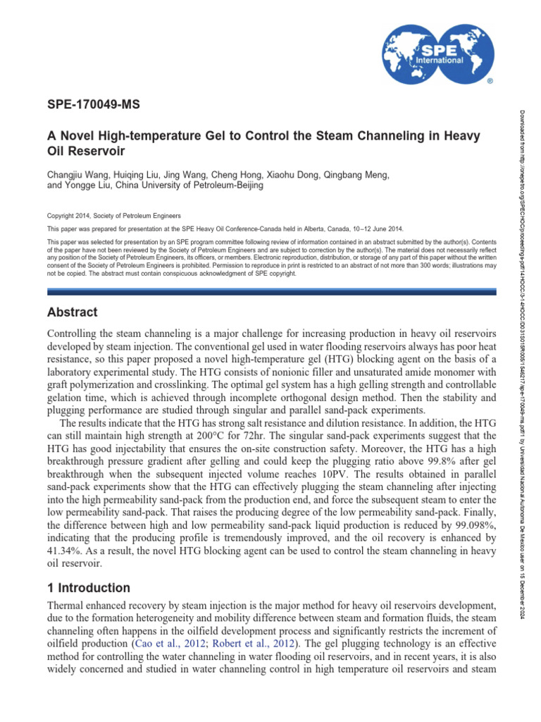 A Novel High-Temperature Gel To Control The Steam Channeling in Heavy ...