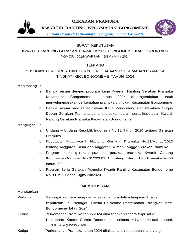 SK Panitia Perkemahan Pramuka 2024 - Fix | PDF
