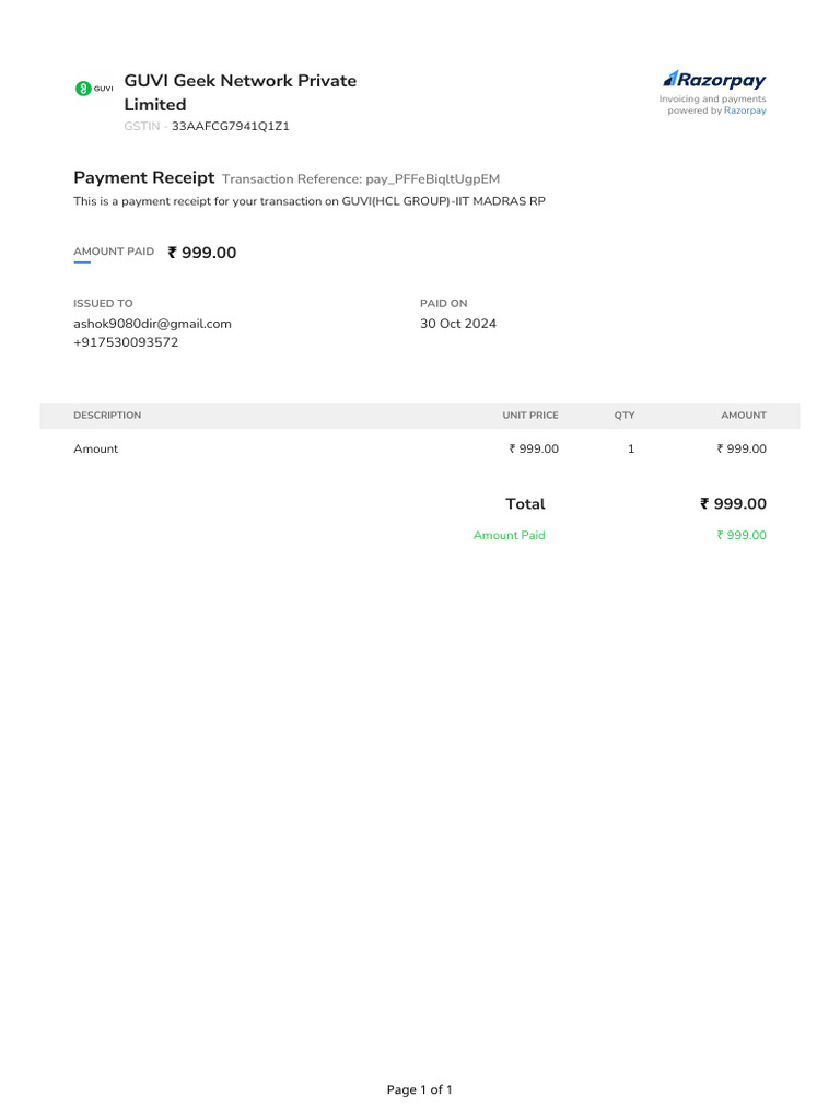 Receipt pay_PFFeBiqltUgpEM from GUVI GEEK NETWORK PRIVATE LIMITED (Paid ...