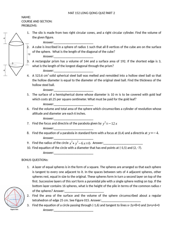 LONG QUIZ QUESTIONS | PDF | Sphere | Euclidean Geometry