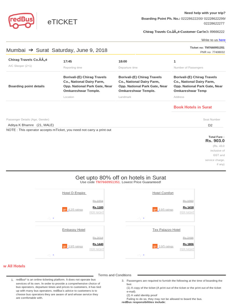 Redbus Ticket TM7660951351 | PDF | Baggage