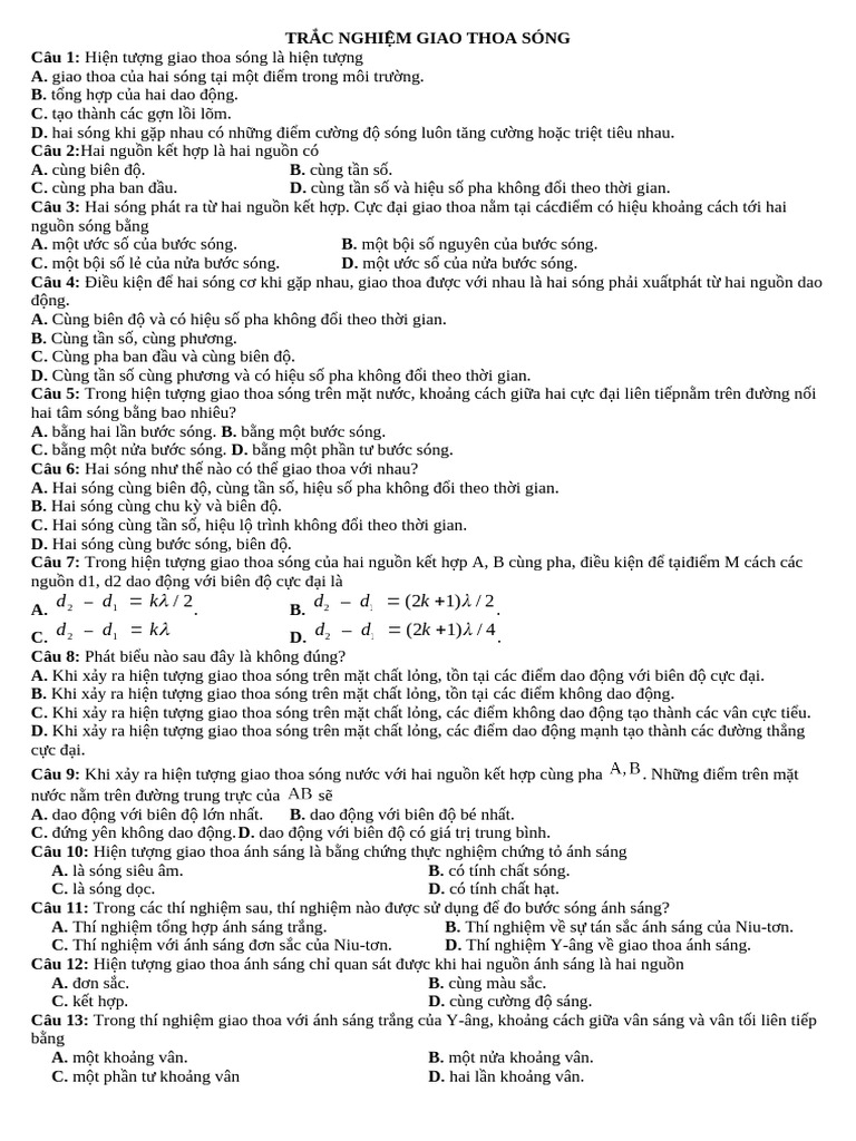TRẮC NGHIỆM GIAO THOA SÓNG | PDF