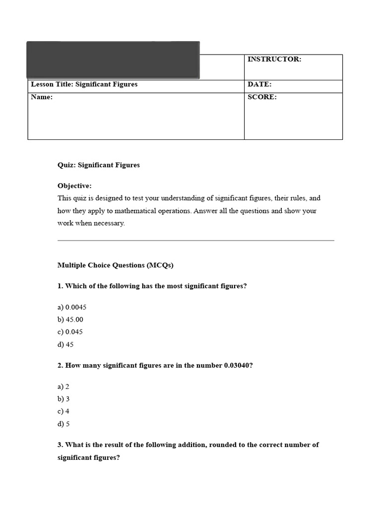 Significant Figures Quiz for Students | PDF | Significant Figures | Numbers
