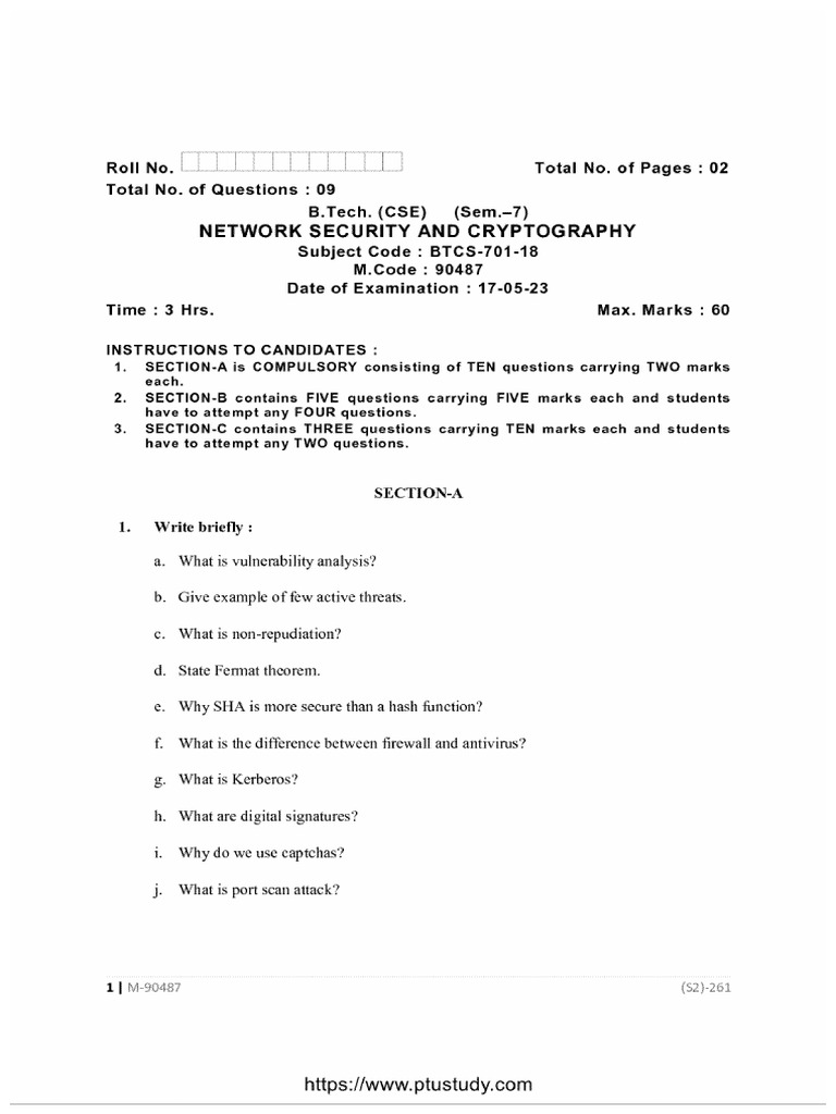 Btech Cse 7 Sem Network Security and Cryptography 90487 May 2023 | PDF