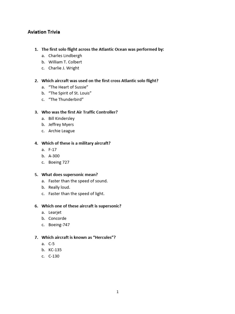 Aviation Trivia Quiz Questions & Answers | PDF