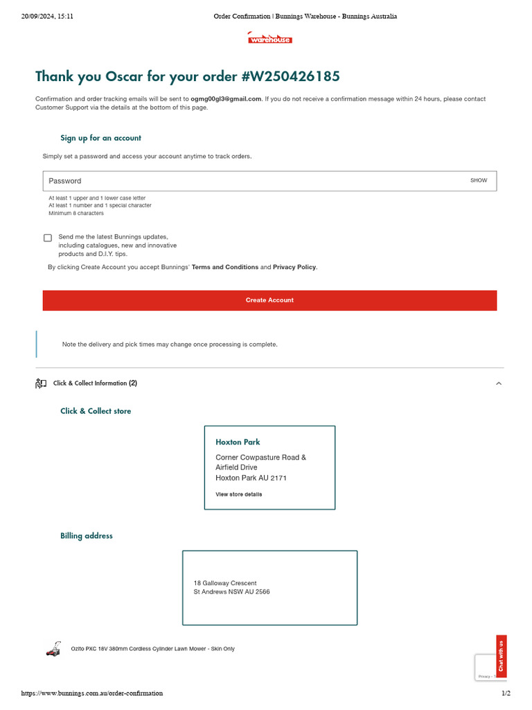 Bunnings Warehouse - Order #W250426185 | PDF