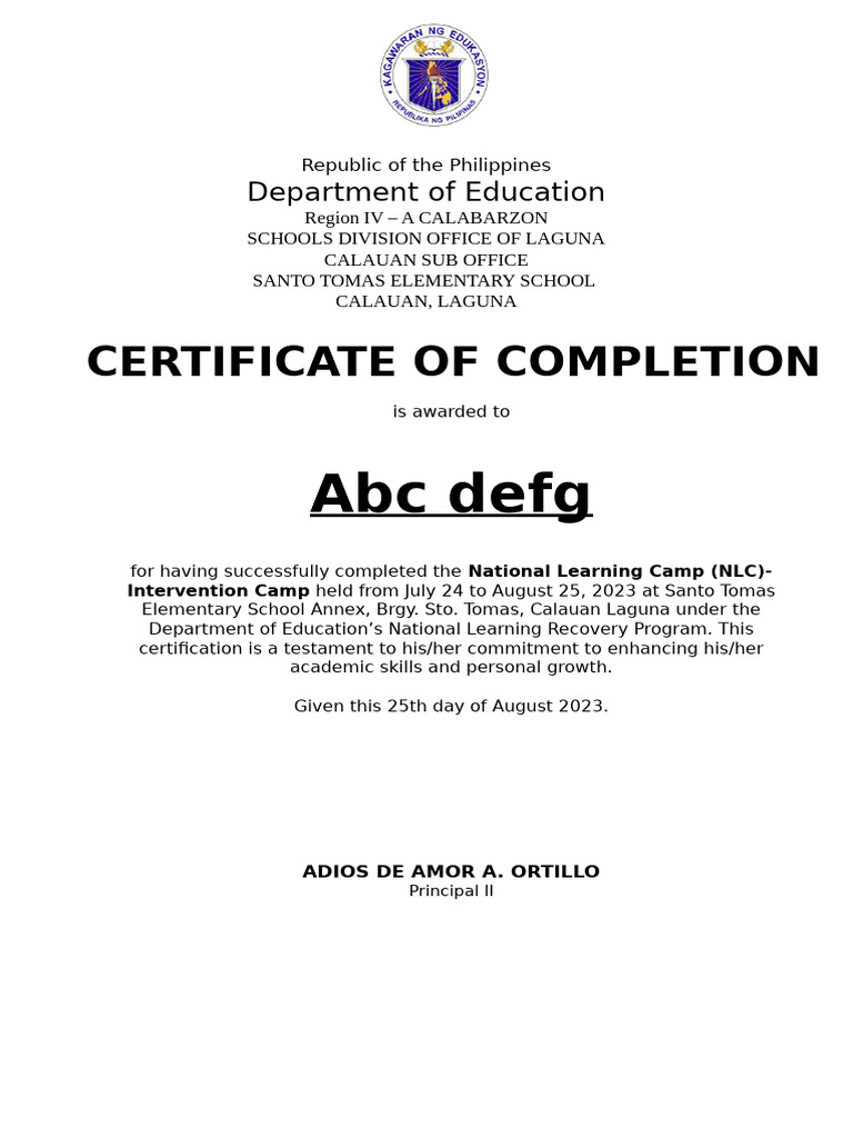 National Learning Camp Completion Certificate | PDF | Government ...