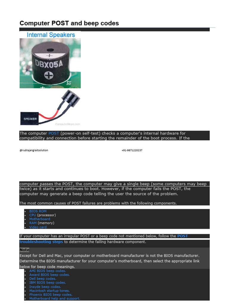 Computer POST and Beep Codes | PDF | Bios | Random Access Memory