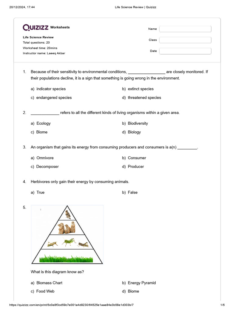 Life Science Quiz: 20 Questions | PDF | Nature | Systems Ecology
