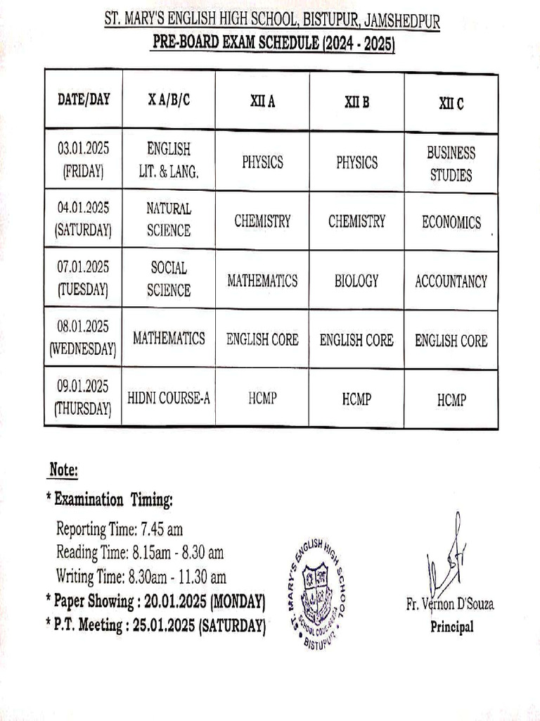 Pre-Board Exam Schedule (2024-2025) | PDF
