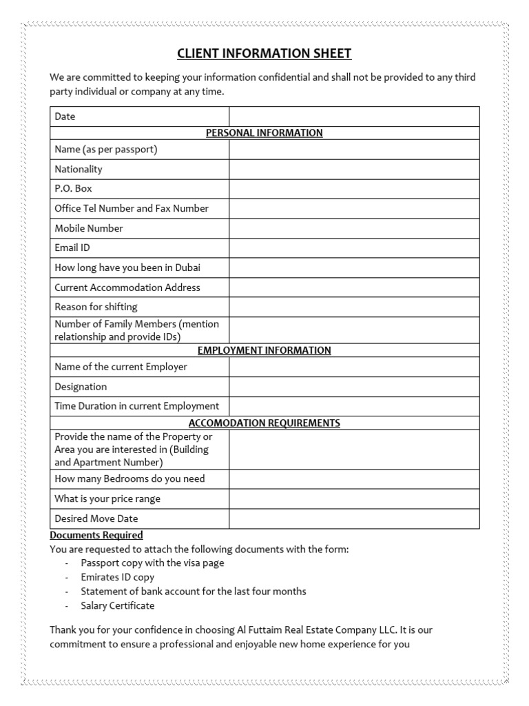 Client Information Sheet - Al Futtaim Real Estate (1) | PDF