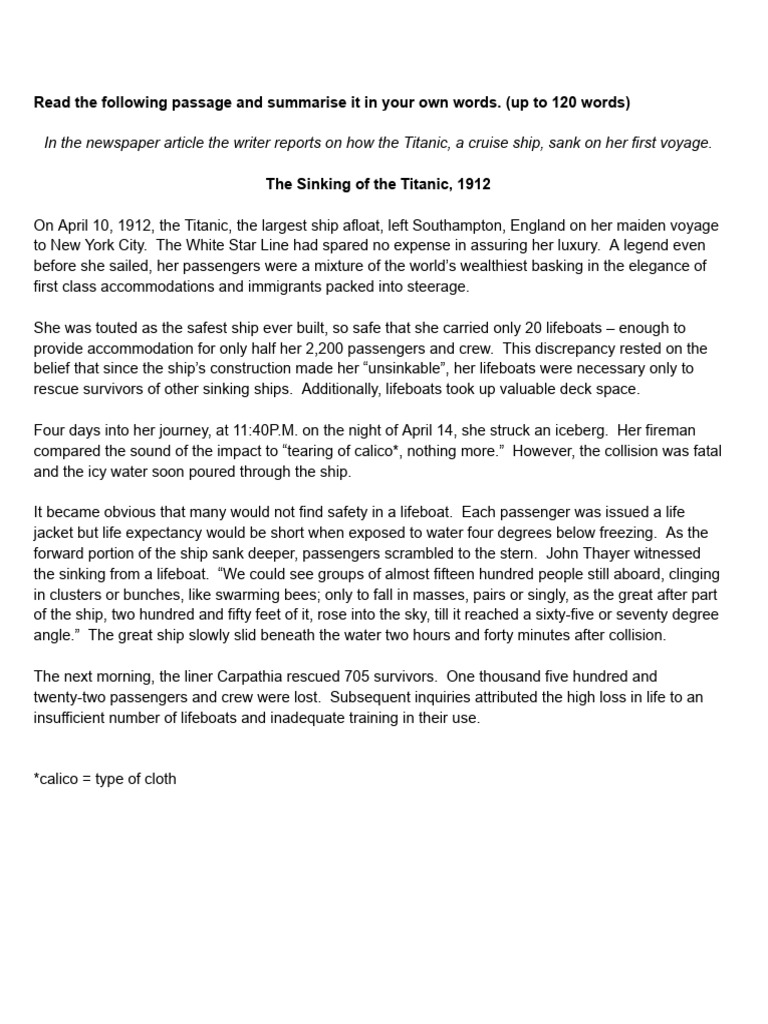 The Sinking of The Titanic Comprehension | PDF | Ocean Liners | Ships