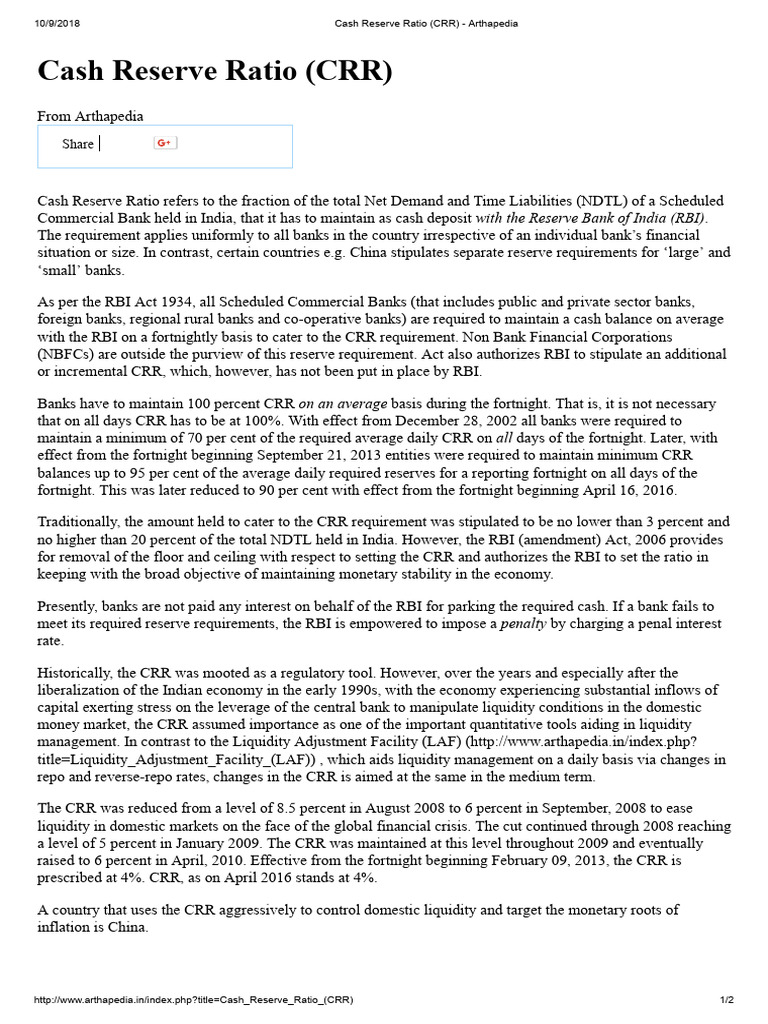 Cash Reserve Ratio | PDF | Reserve Bank Of India | Banks