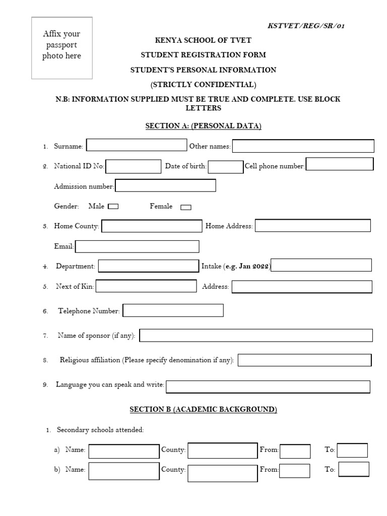 KSTVET Student Registration Form | PDF