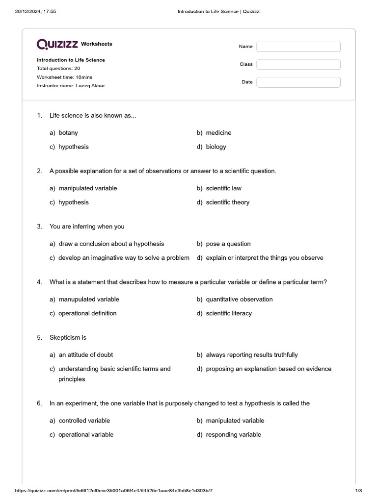 Quizizz - Introduction To Life Science | PDF | Science | Experiment