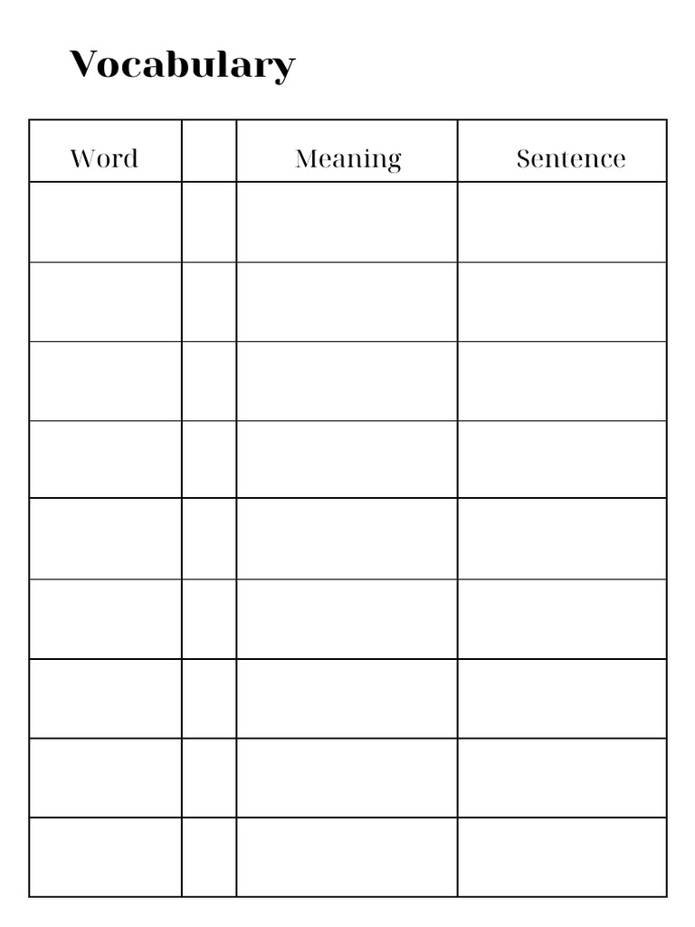 Language Arts Vocabulary List Worksheet in White and Blue Table Style | PDF