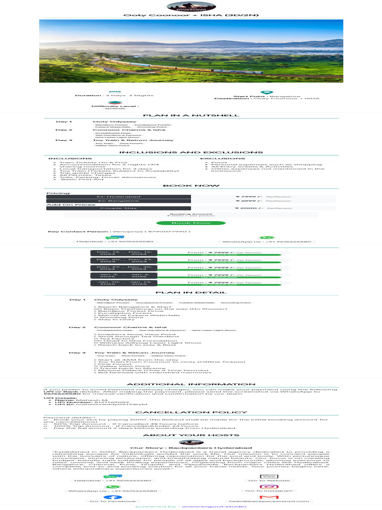 Ooty Coonoor + ISHA (3D - 2N) - Backpackers-Hyderabad | PDF