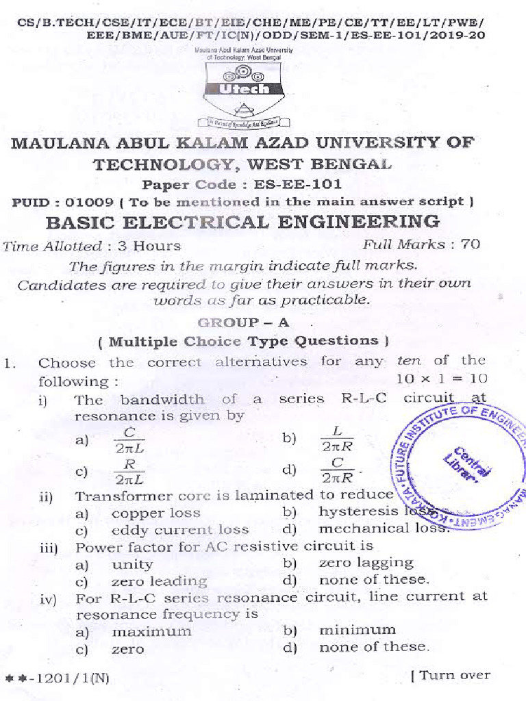 Basic Electrical Engineering Es Ee 101 20199 Pdf