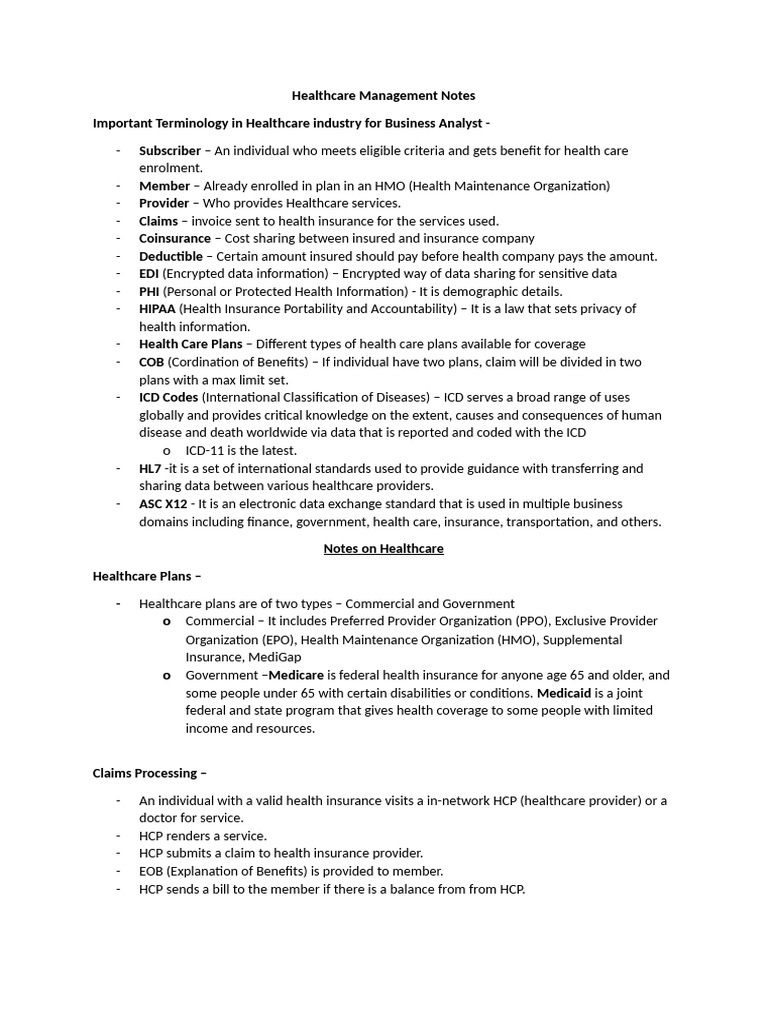 Notes on Healthcare Management | PDF | Health Care | Health Administration