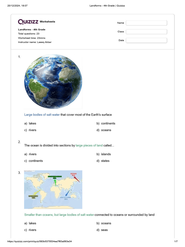 4th Grade Landforms Worksheet | PDF | Plateau | Valley