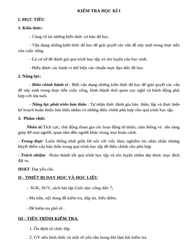 kiểm tra cuối kì 1 gdcd 7 | PDF