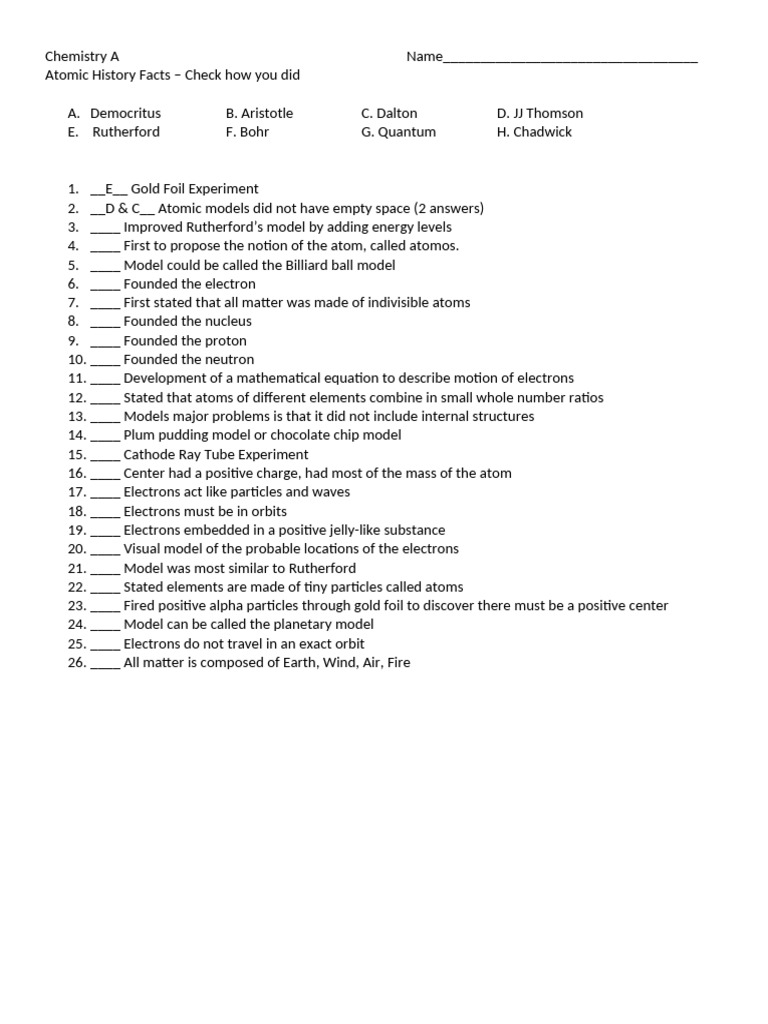 Chem A - Handout - Atomic History Facts #1 | PDF