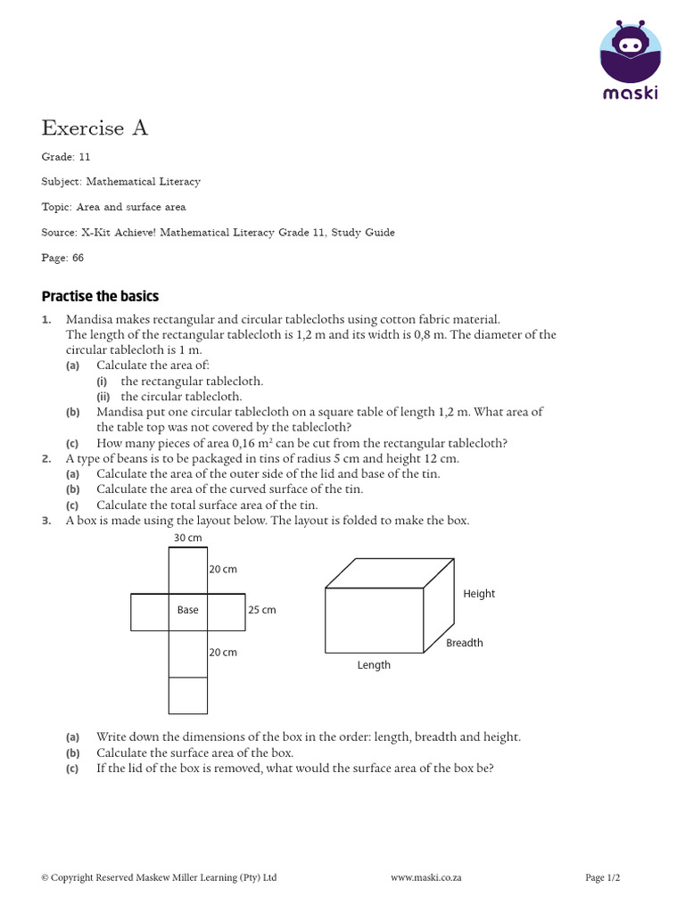 MATHLIT - G11 - Measurement - Area and Surface Area - Exercise A - P66 ...