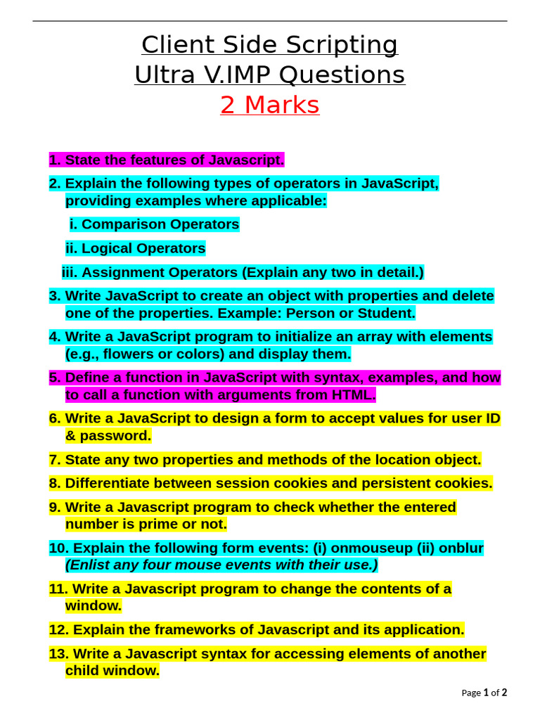 Client Side Scripting 2 Marks Ultra V.IMP - Questions | PDF | Java Script | Http Cookie